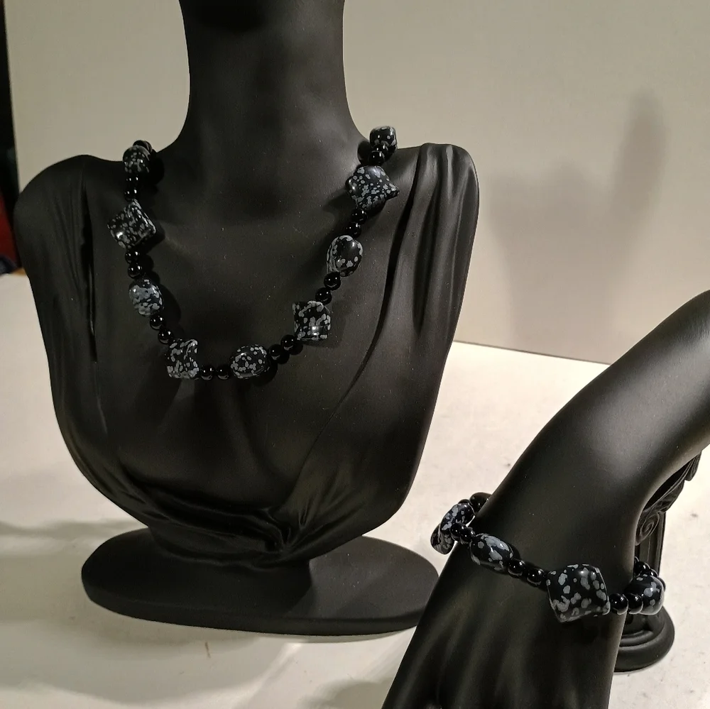 Jewelry | Black And Gray Snowflake Obsidian Stone Beaded Necklace And ...